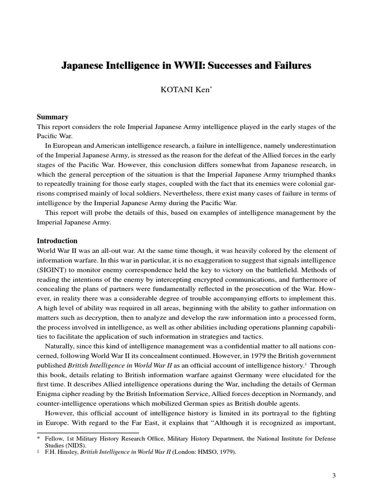 Japanese Intelligence in WWII. Successes and Failures Author Kotani Ken ...