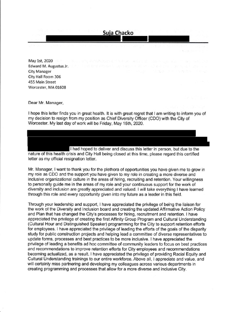 Suja Chacko Resignation Letter Redacted | PDF