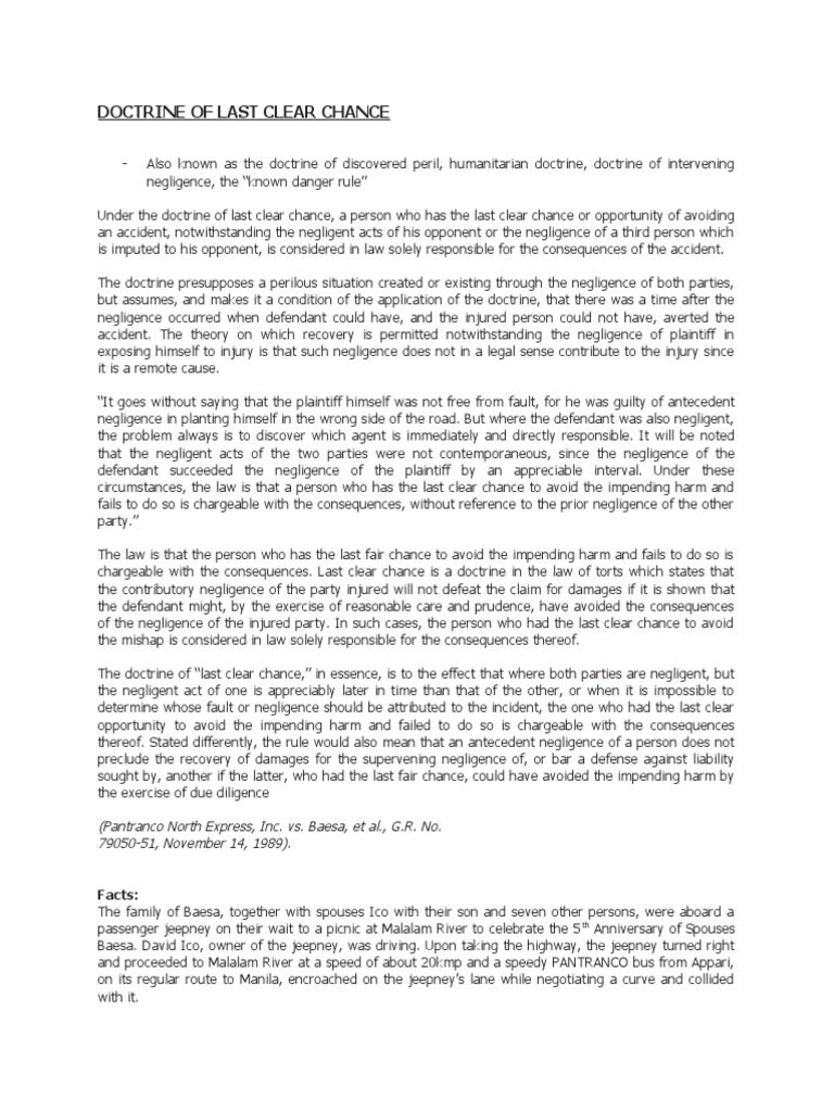 The Doctrine of Last Clear Chance: Application and Analysis | PDF ...