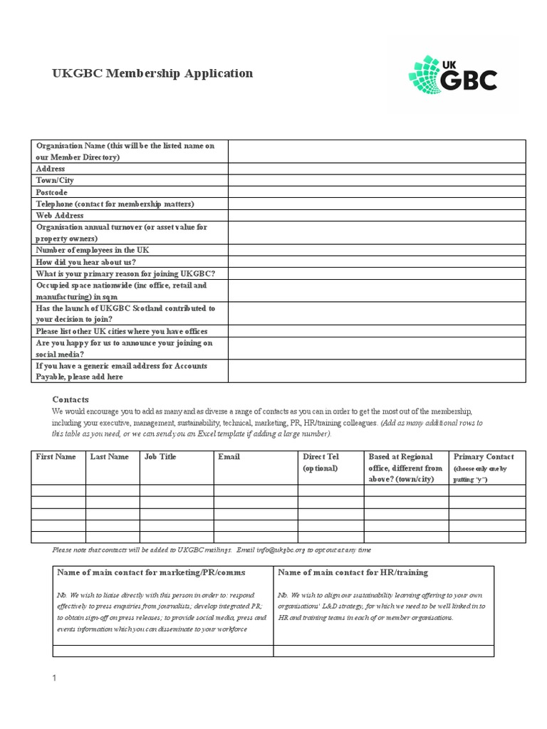 UKGBC Membership Application: Contacts | PDF | Value Added Tax | Innovation