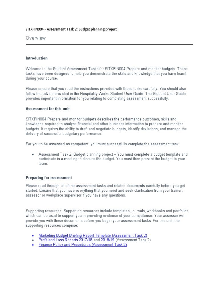 SITXFIN004 - Assessment Task 2: Budget Planning Project | PDF | Budget ...