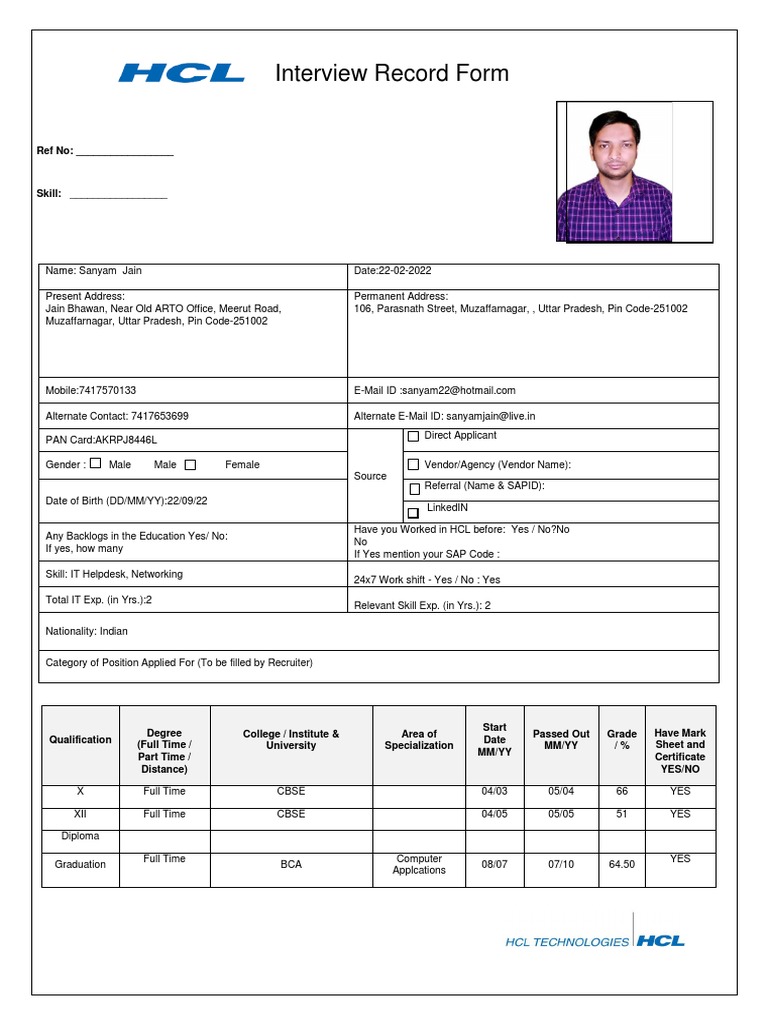 Interview Record Form: Ref No | PDF