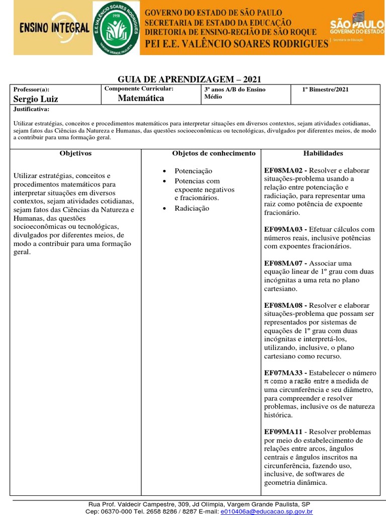 Guia de Aprendizagem - 3ºano - EM - 1ºbim - 2021 - Sebastiana Maria ...
