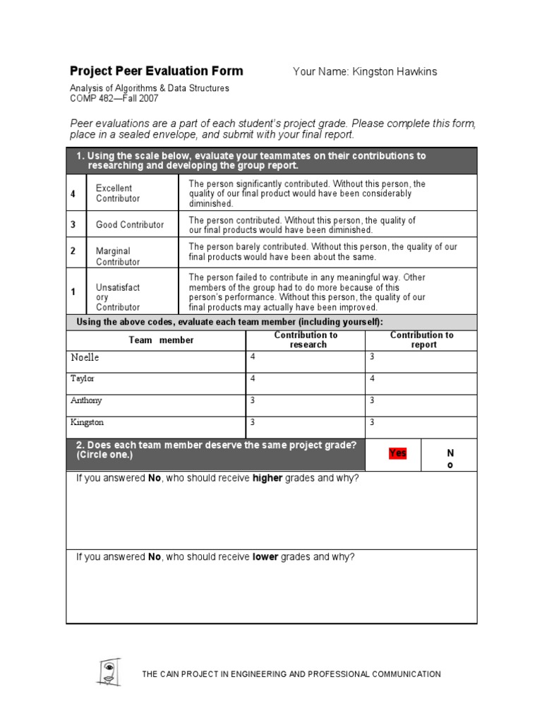 Project Peer Evaluation Form | PDF