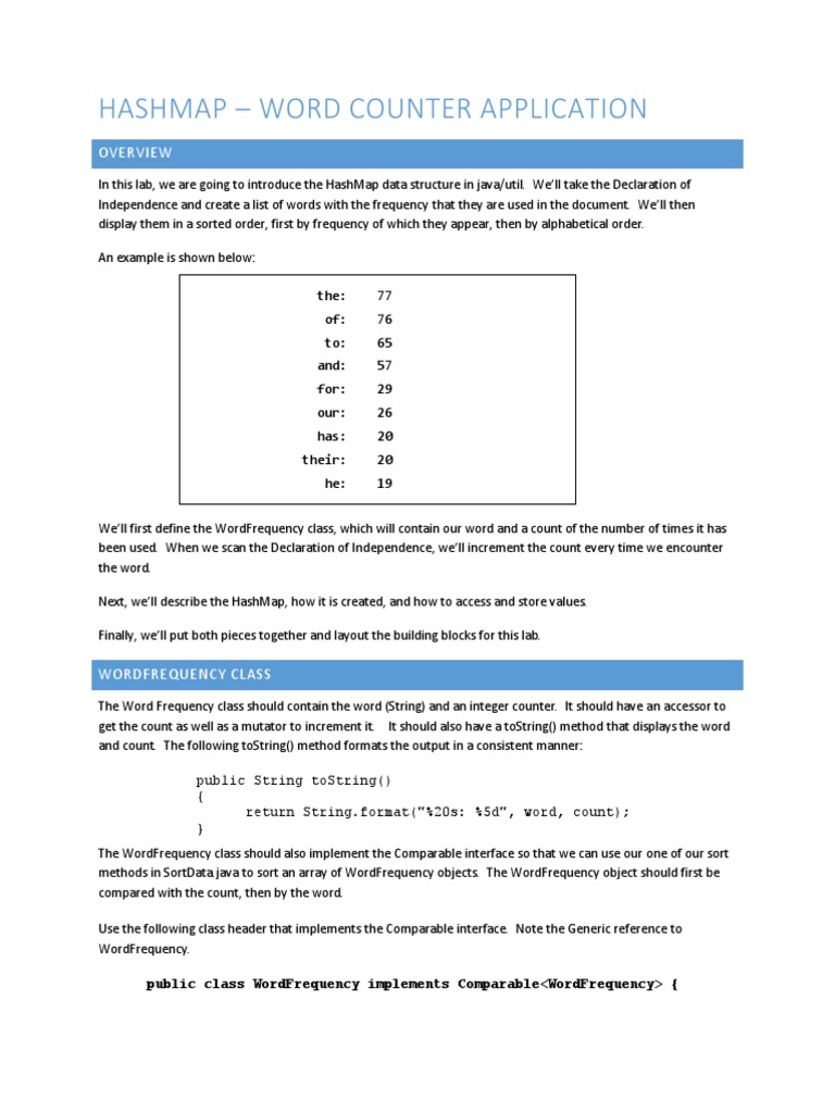 Hashmap - Word Counter Application: Public Class Wordfrequency Implements Comparable ( | PDF ...