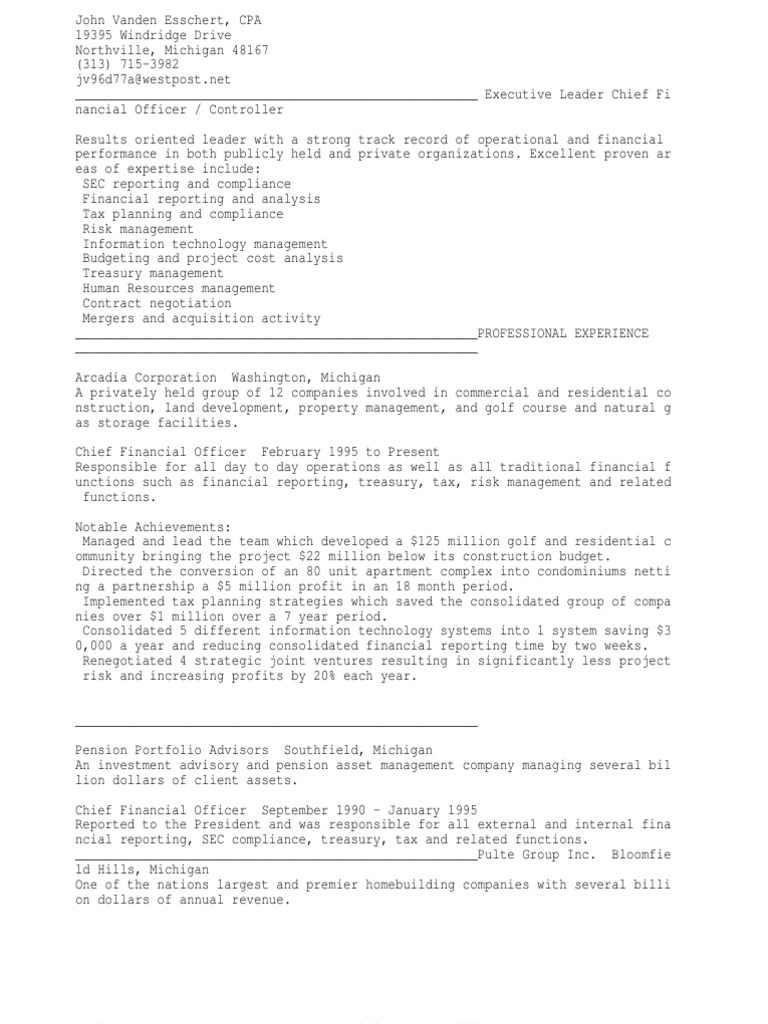 CFO Resume of John Vanden Esschert | PDF | Chief Financial Officer ...