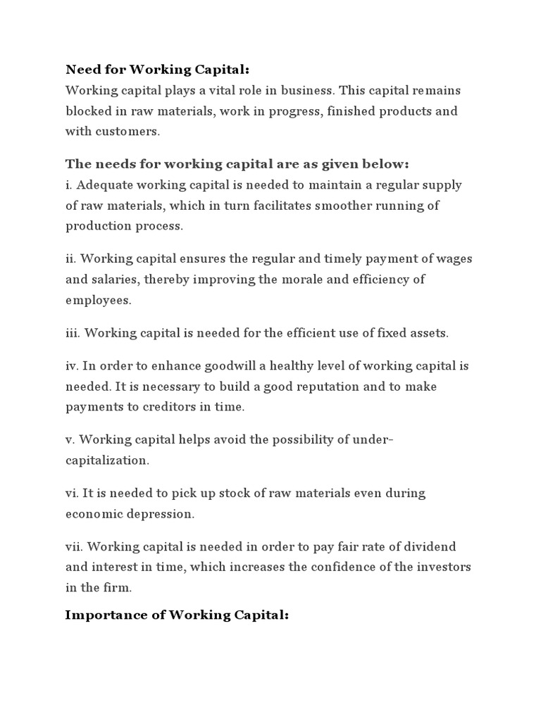 Need For Working Capital | PDF | Working Capital | Capital (Economics)