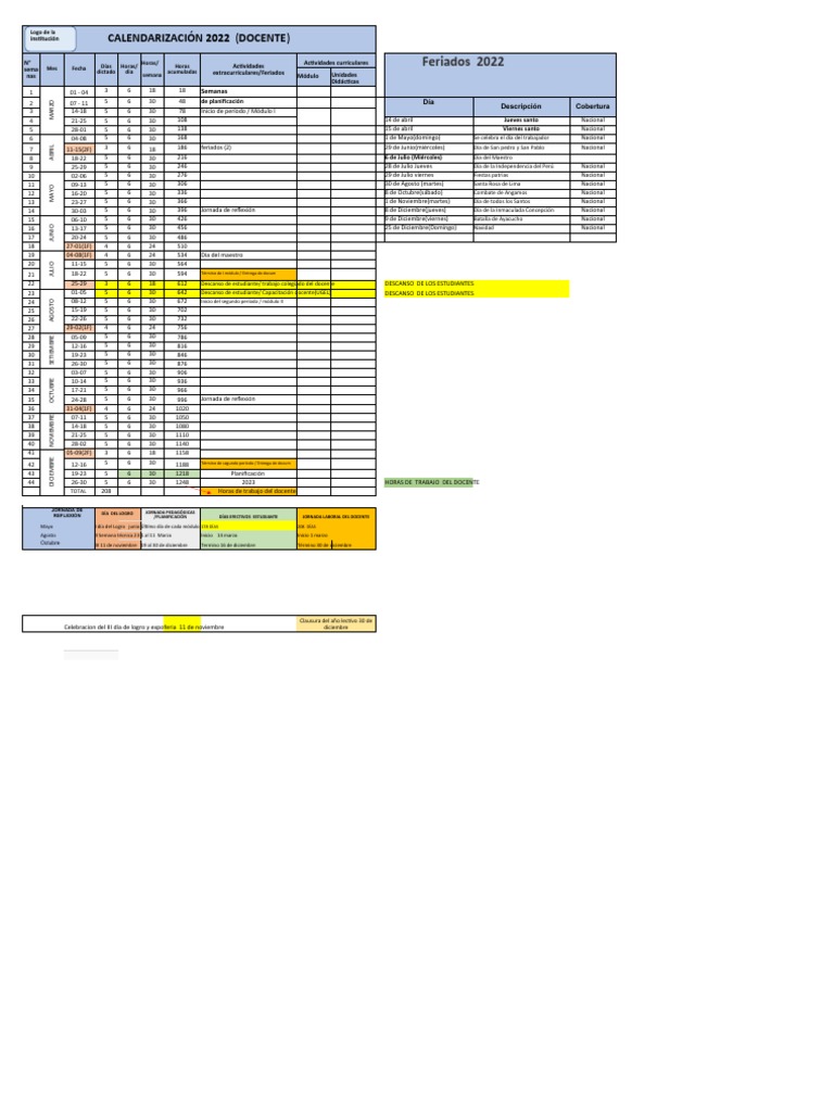 At1 - Formato de Calendarizacion Ao 22 Cetpro | PDF | Día festivo | Observancias