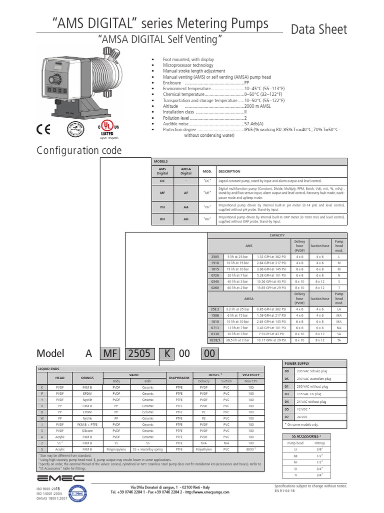 "AMS DIGITAL" Series Metering Pumps: Data Sheet | PDF | Pump ...