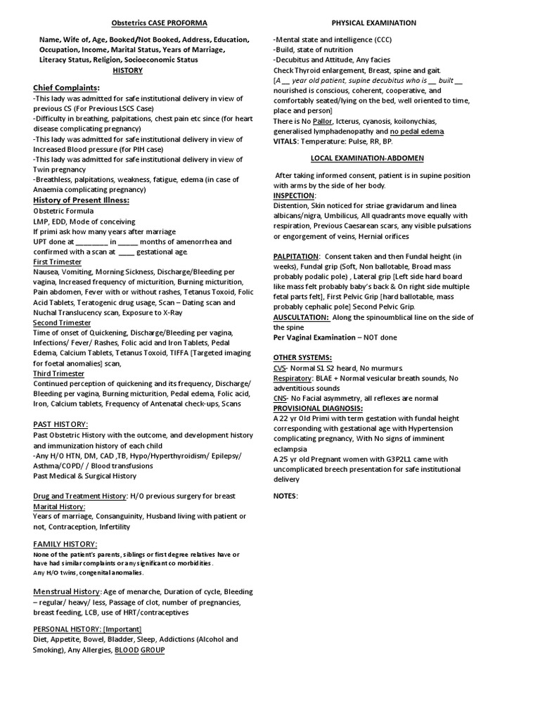 Obs Case Proforma | PDF | Pregnancy | Human Reproduction