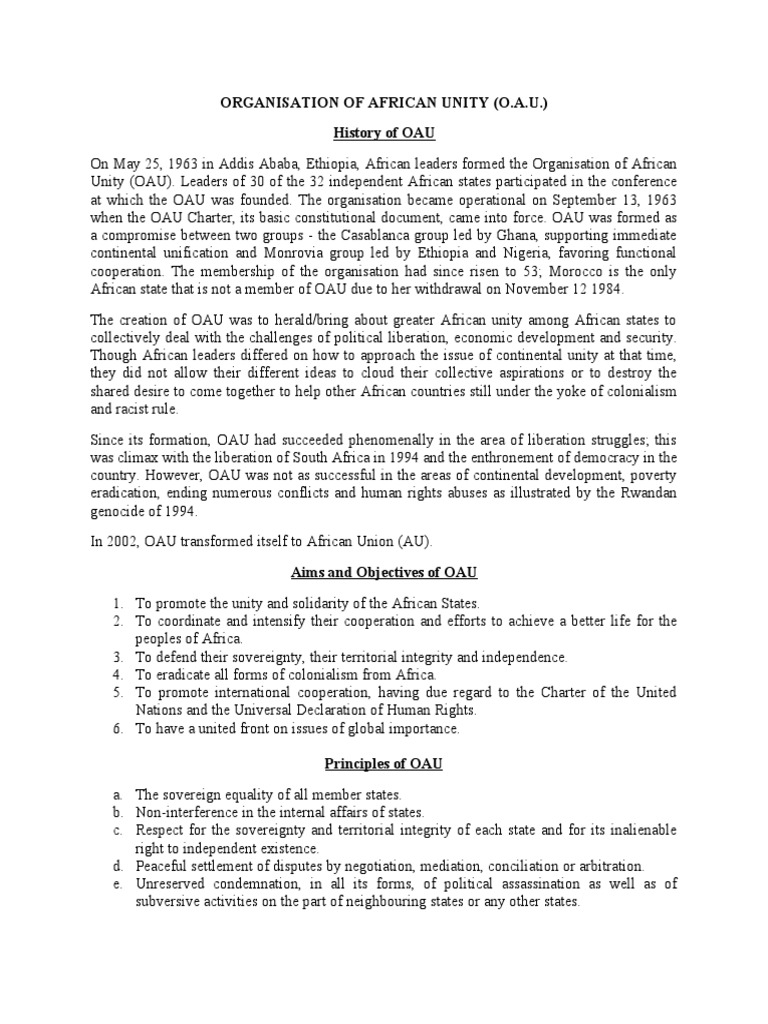 Organisation of African Unity (O.A.U.) History of OAU | PDF ...