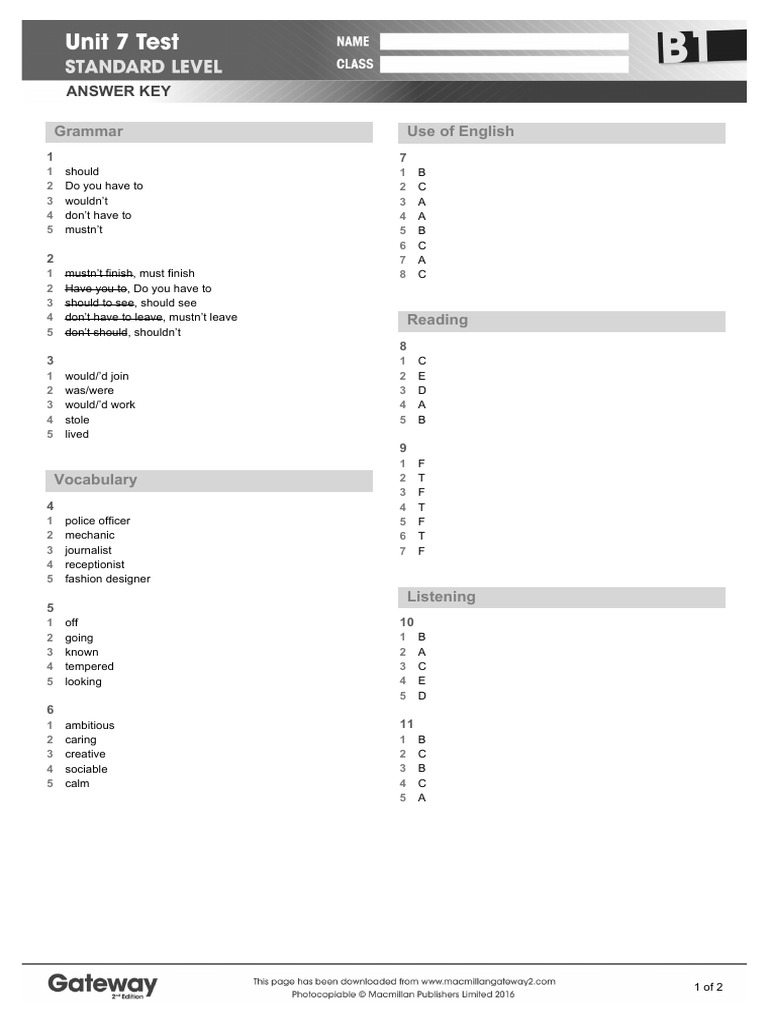 B1 UNIT 7 Test Answer Key Standard | PDF | Linguistics | Cognition