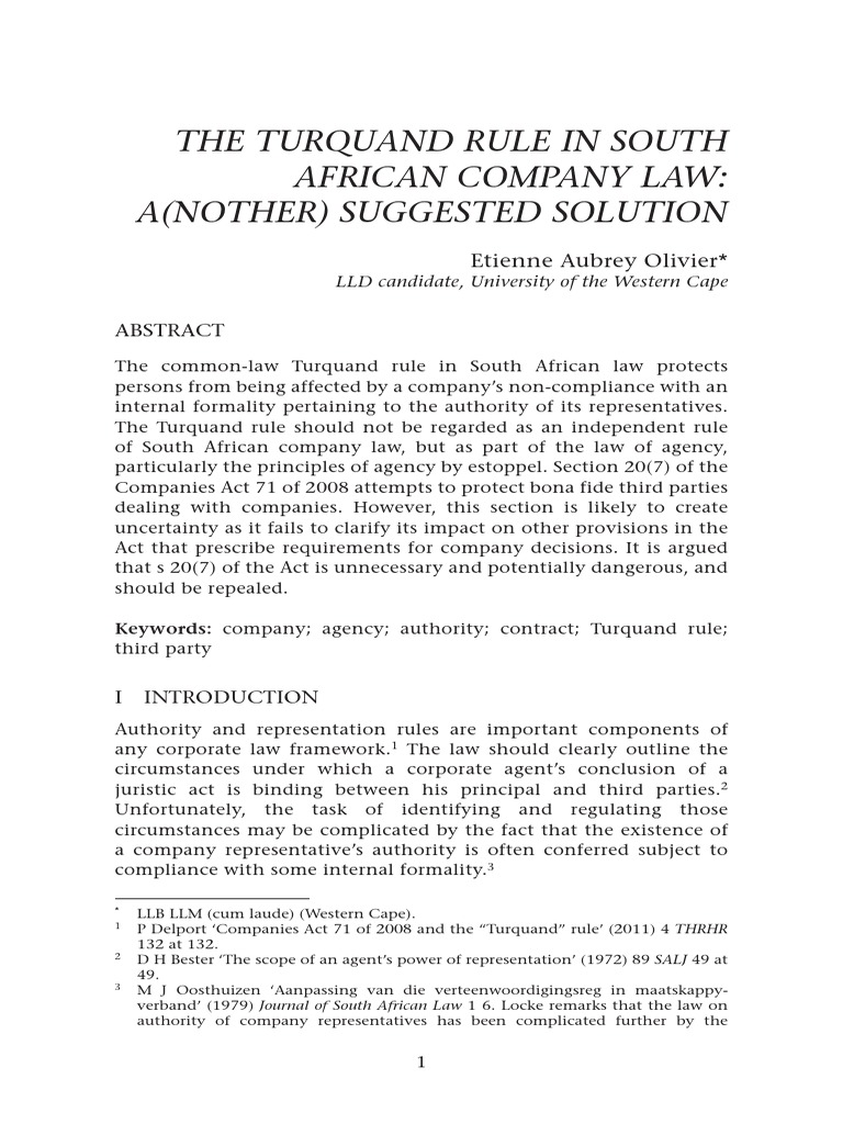 The Turquand Rule in South African Company Law: A (Nother) Suggested ...