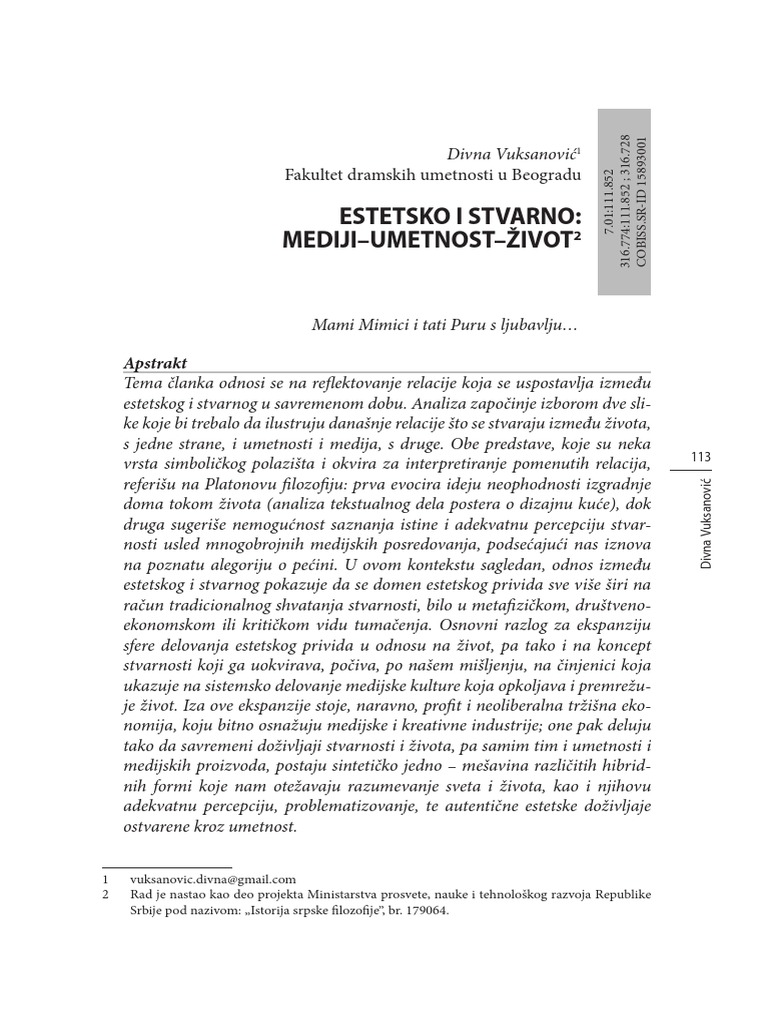 Divna Vuksanović - ESTETSKO I STVARNO - MEDIJI-UMETNOST-ŽIVOT | PDF