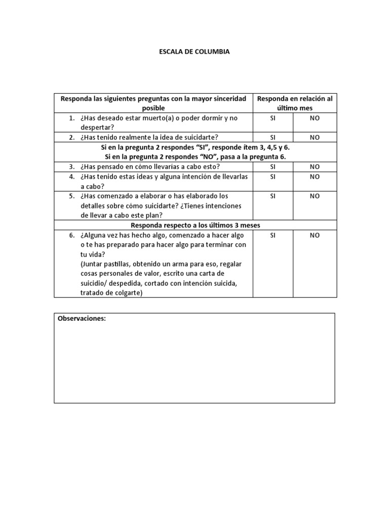 Escala de Columbia (Versión Word para Impresión) | PDF