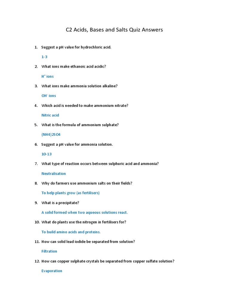 Chemistry Quiz: Acids & Bases | PDF | Acid | Ammonium