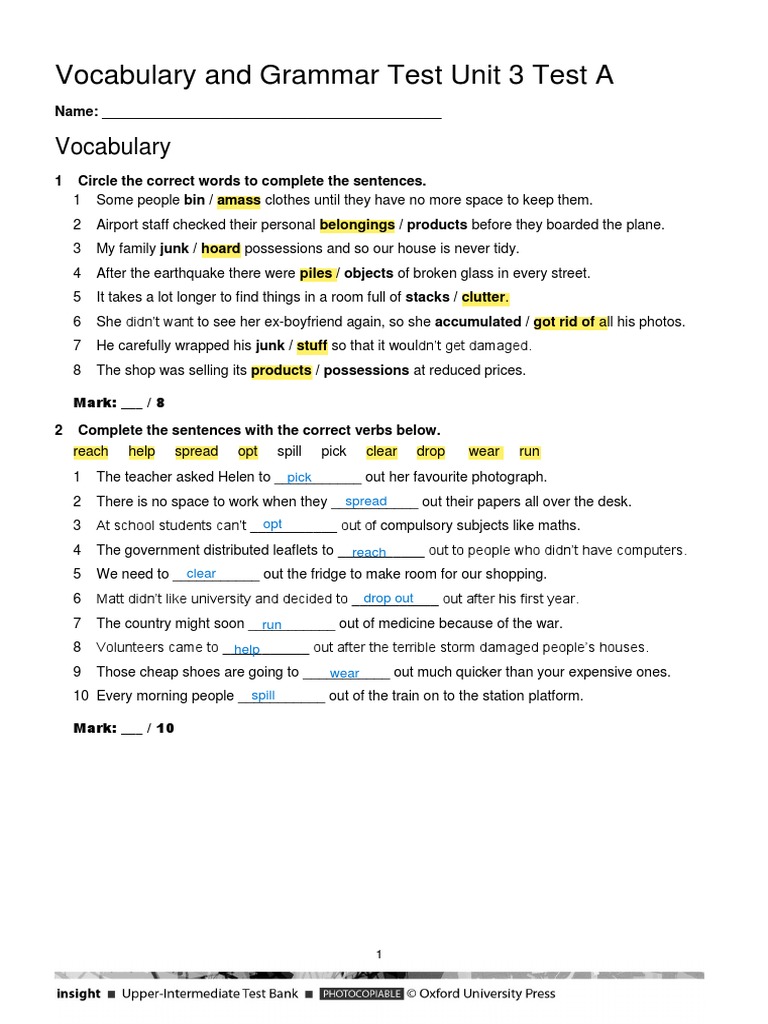 Vocabulary & Grammar Test Unit 3 Test A | PDF