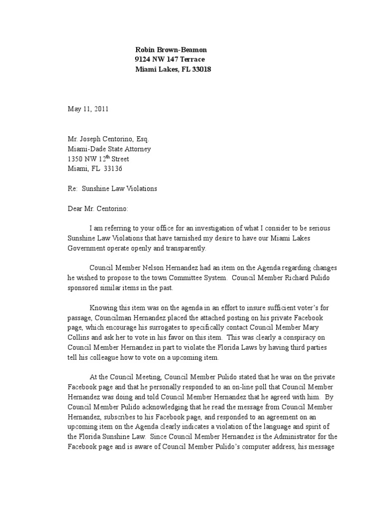 Investigation Request for Sunshine Law Violations | PDF | Social ...