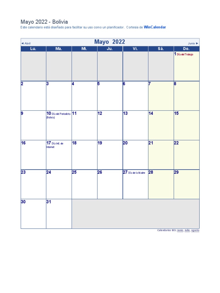 Calendario Mayo Y Junio 2022