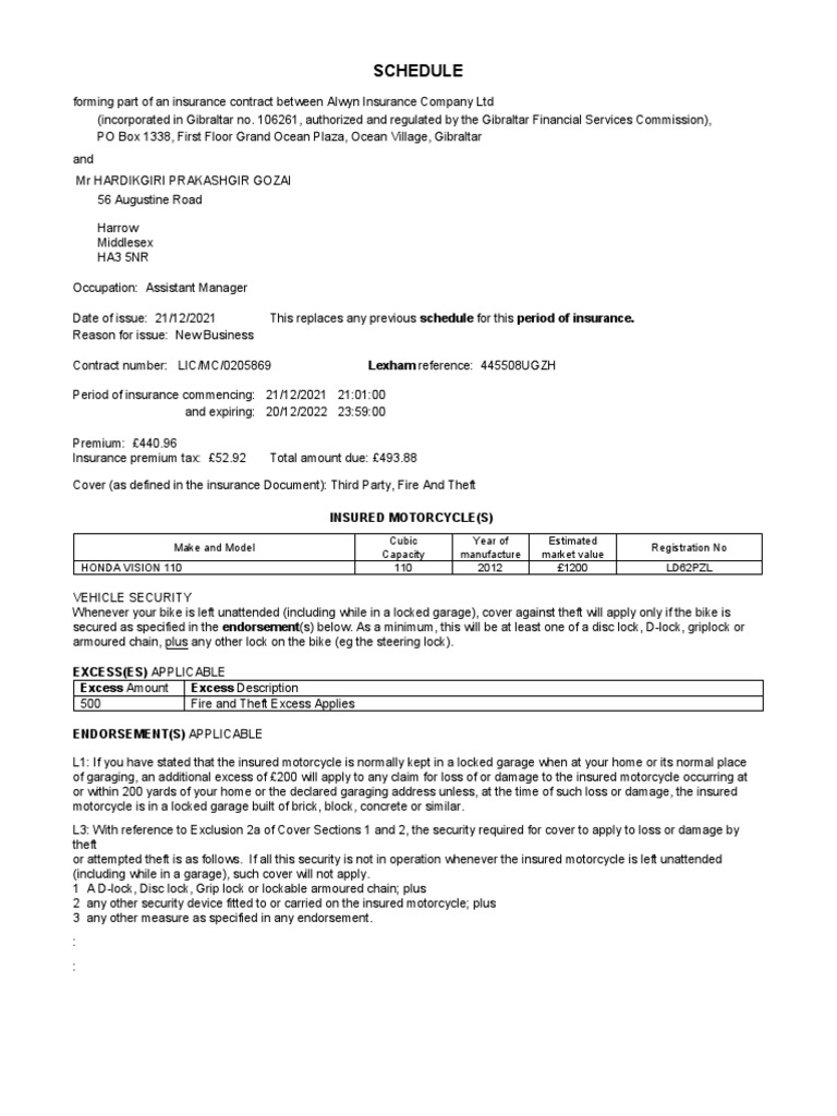 Insurance Policy Schedule | PDF | Insurance | Motorcycle