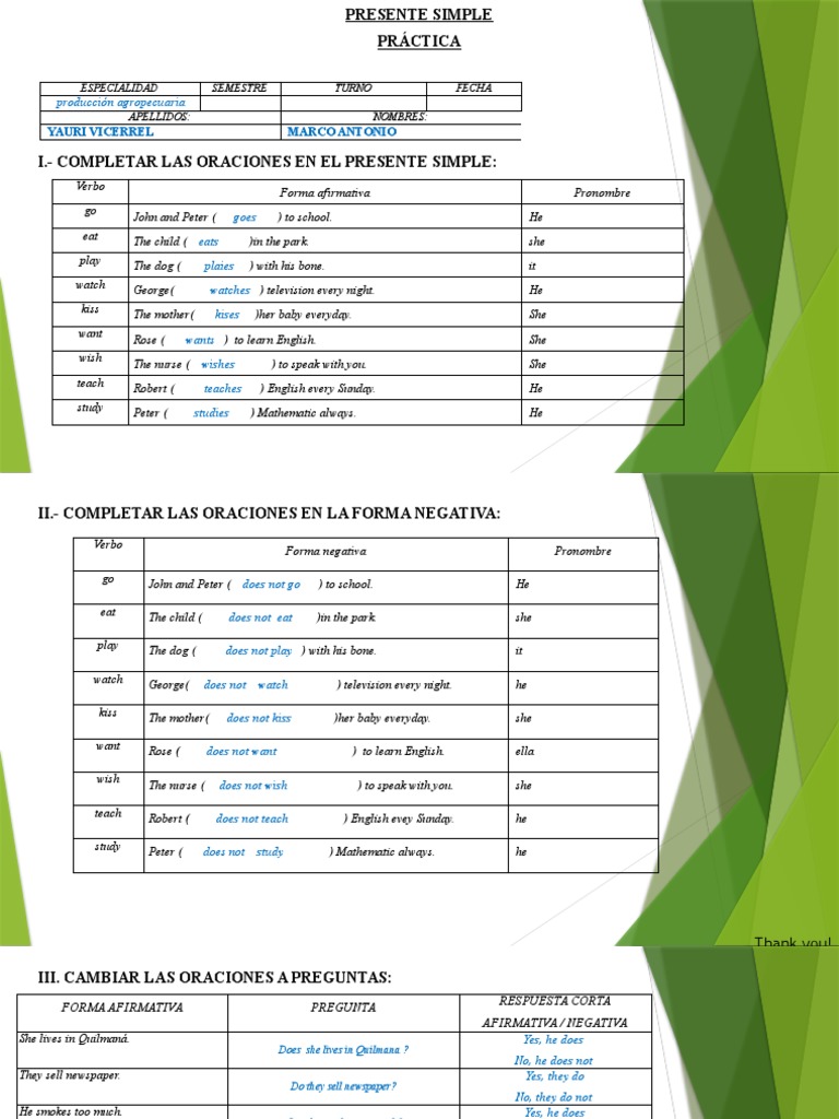 Práctica Tiempo Presente Simple | PDF
