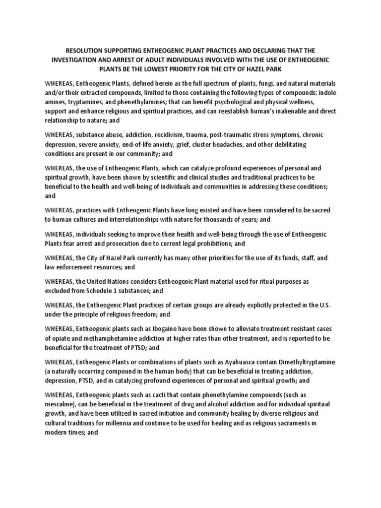 Hazel Park Entheogenic Plant Resolution | PDF | Entheogen | Psilocybin