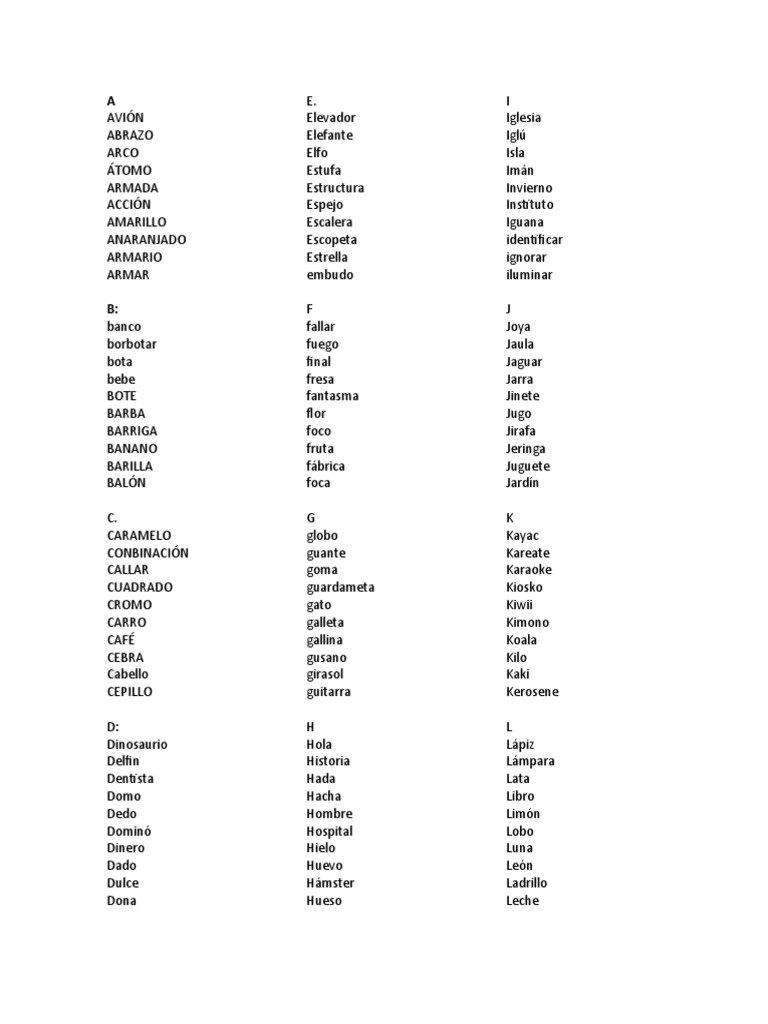 10 Palabras de Cada Letra Del Abecedario | PDF