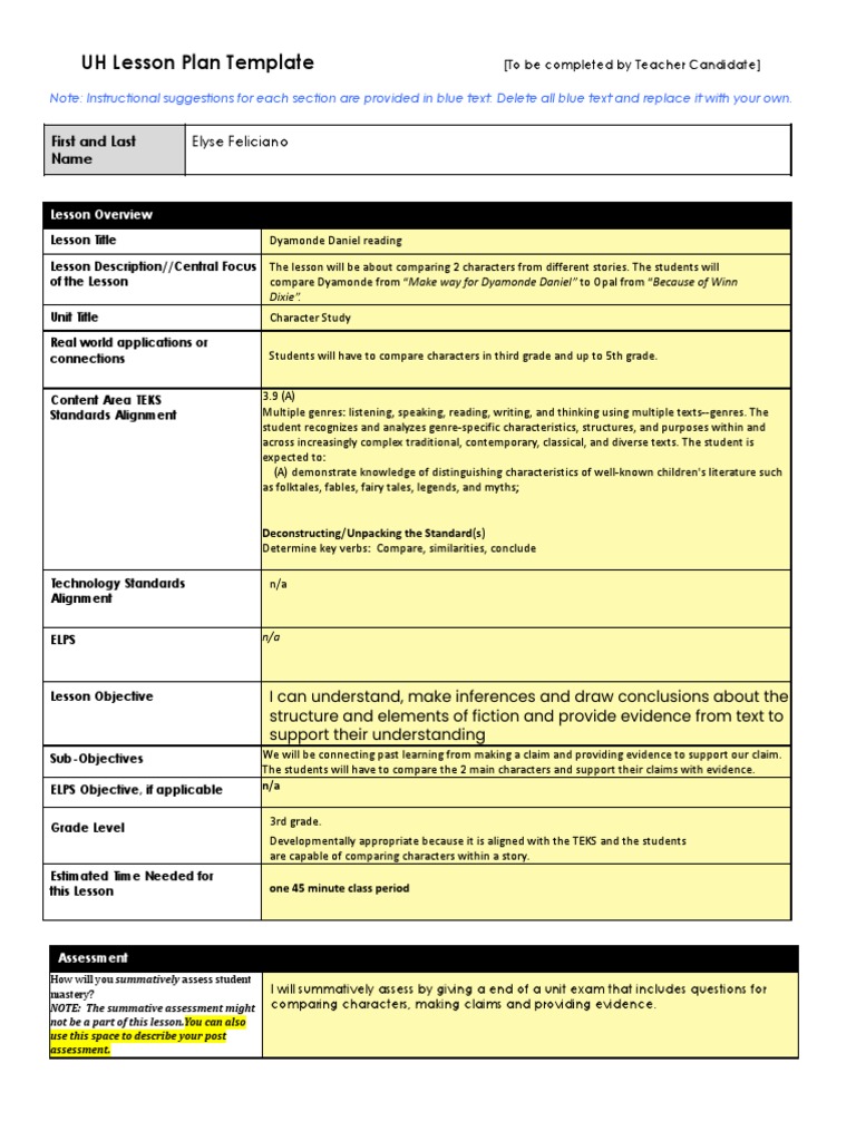 UH Lesson Plan Template: Elyse Feliciano | PDF | Educational Assessment ...