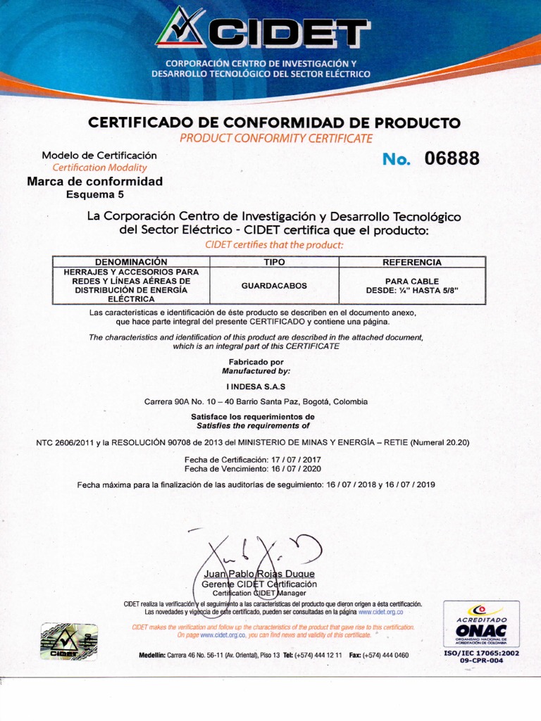 Certificado 06888 Guardacabo | PDF