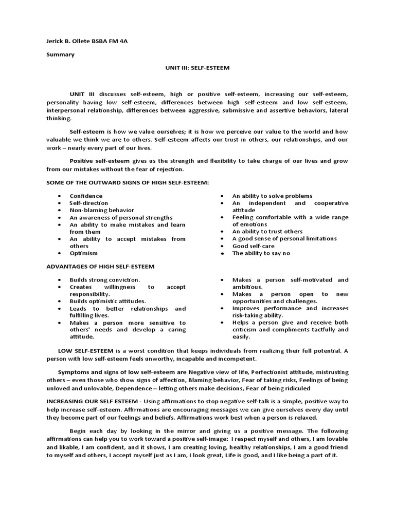 Unit 3 | PDF | Self Esteem | Interpersonal Relationships