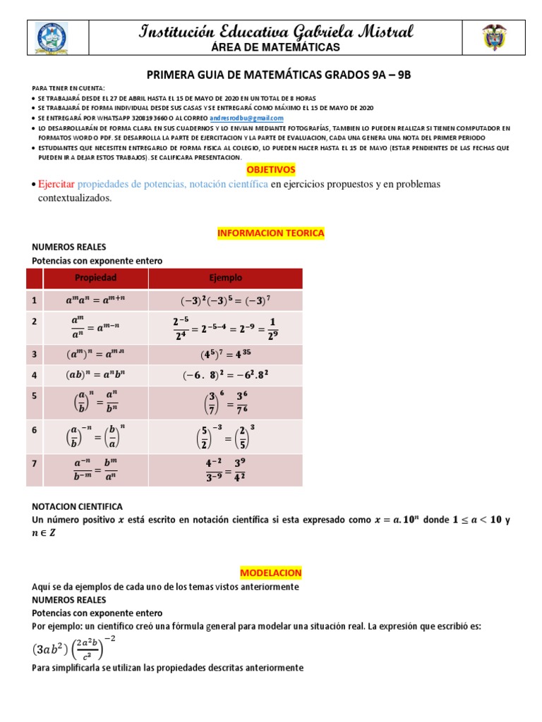 Primera Guia de Matemáticas Grados 9a - 9B | PDF