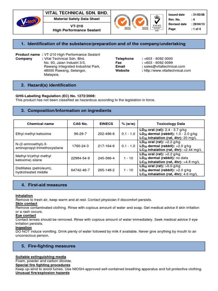 VT-210 High Performance Sealant MSDS | PDF | Toxicity | Toxicology