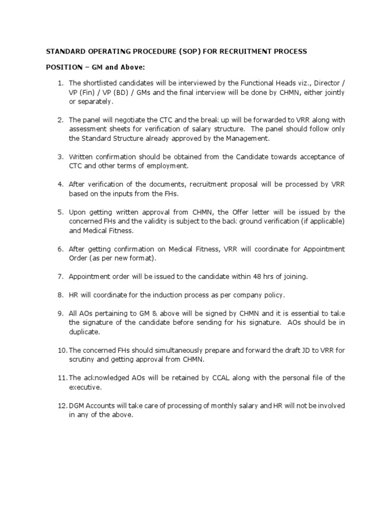 Standard Operating Procedure (Sop) For Recruitment Process POSITION ...