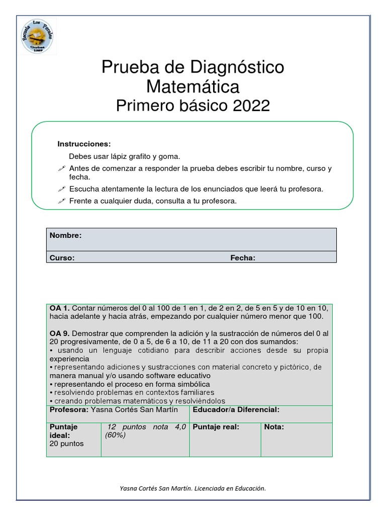 Prueba Diagnóstica Matemática 1° Básico | PDF | Métodos y materiales de ...