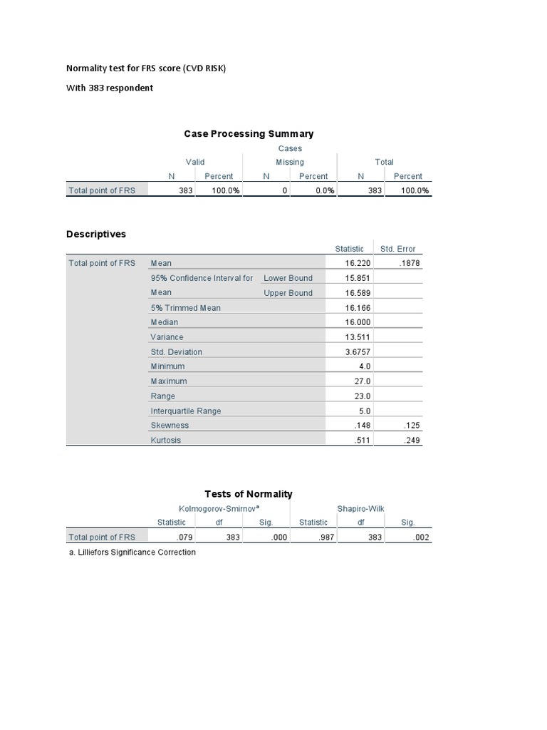 Normality Test For FRS Score | PDF | Normal Distribution | Skewness