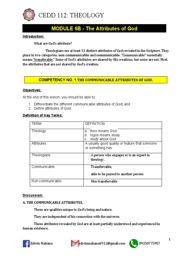 Cedd 112: Theology: MODULE 6B - The Attributes of God | PDF | God ...