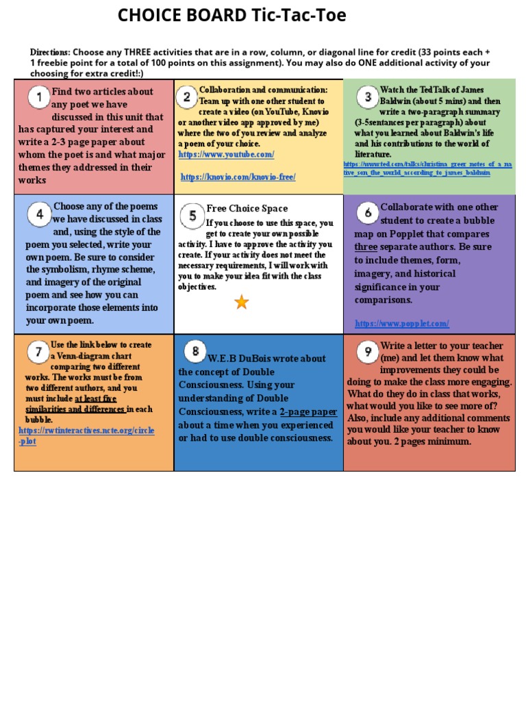 Harlem Renaissance Choice Board Tic Tac Toe | PDF | Poetry | Cognition