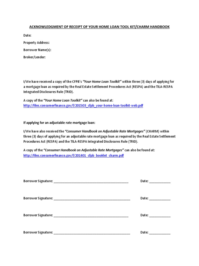 Acknowledgment of Receipt of Your Home Loan Tool Kit | PDF