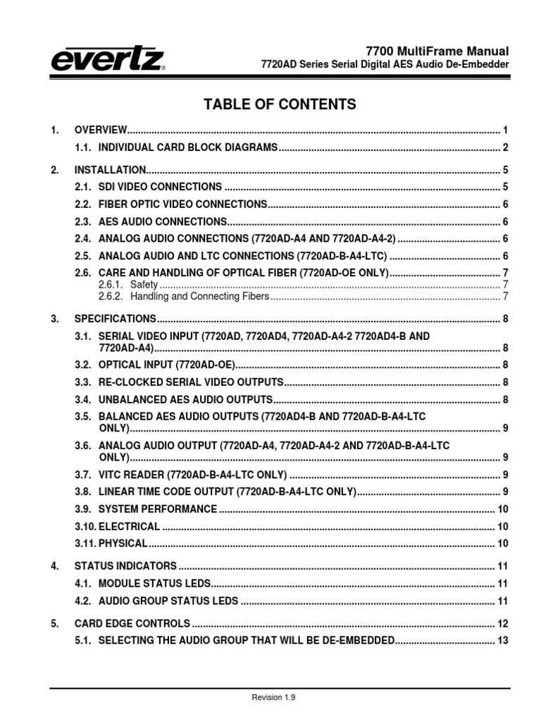7700 Multiframe Manual: Revision 1.9 | PDF | Optical Fiber | Video