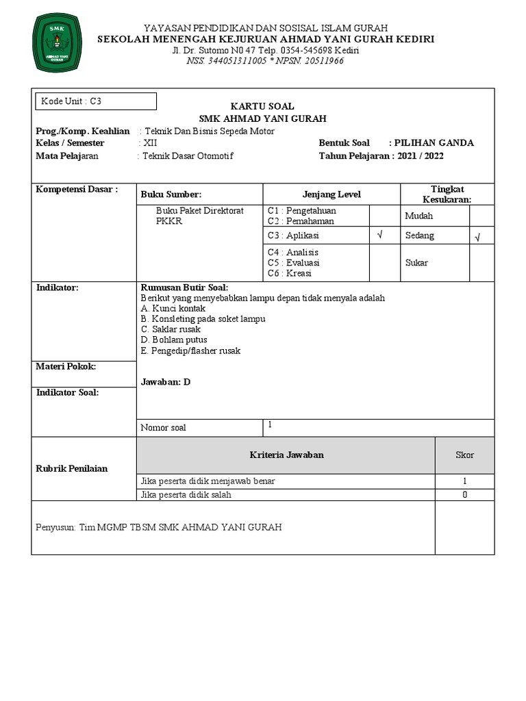 Kartu Soal C3 TBSM 2022 | PDF