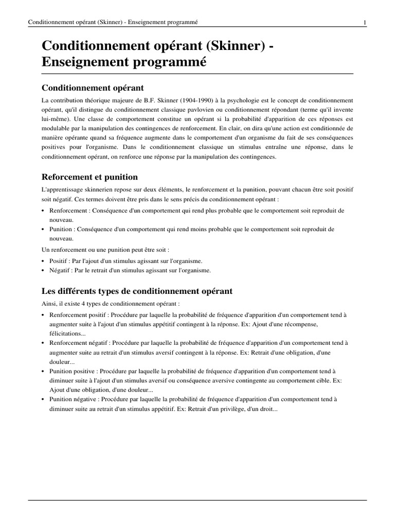 Conditionnement Opérant (Skinner) - Enseignement Programmé | PDF ...