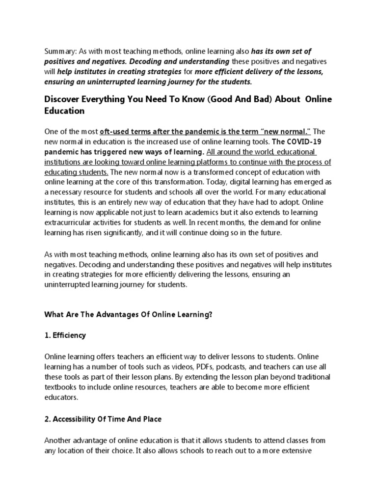 Advantages and Disadvantages of Online Learning | PDF | Distance ...