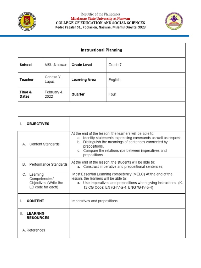 MSU-Naawan Instructional Planning Imperatives Prepositions | PDF ...