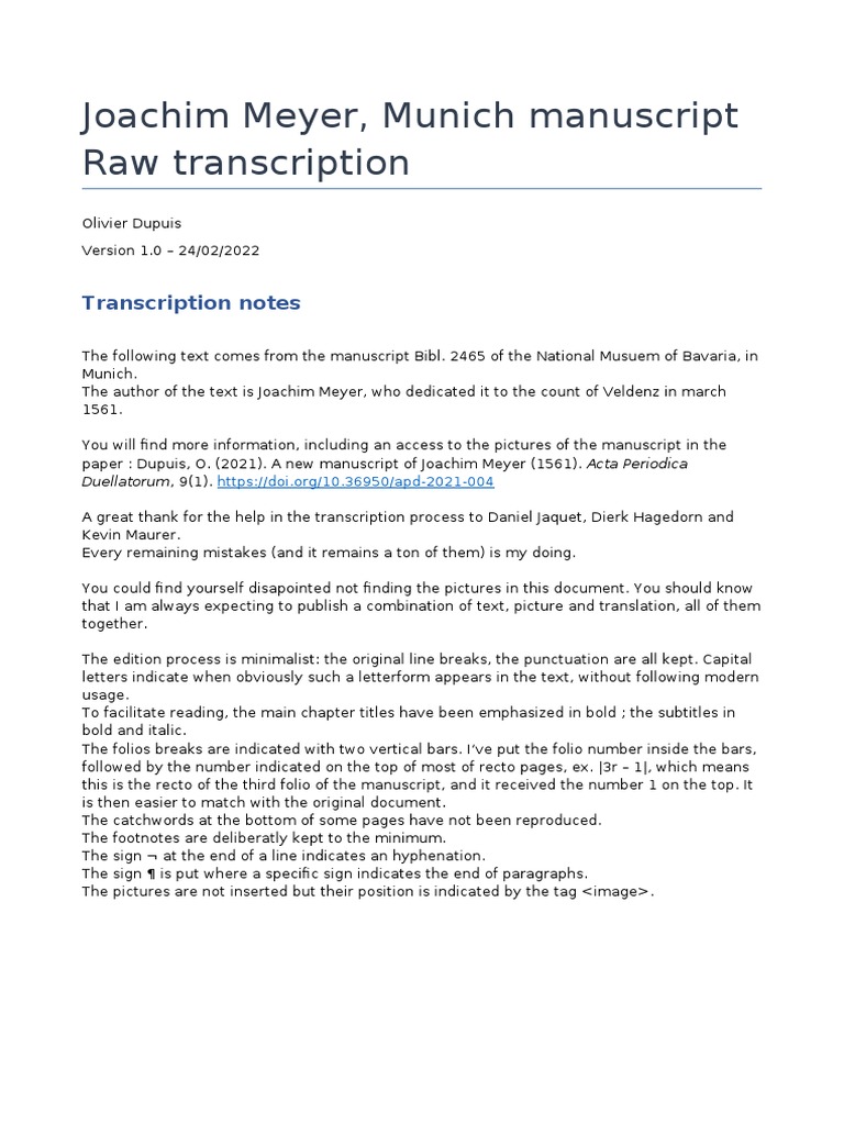 Joachim Meyer, Munich Manuscript Raw Transcription | PDF | Publishing ...