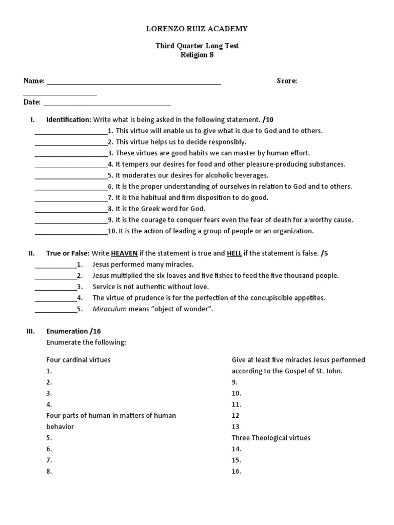 An Analysis of a Religion Test Covering Key Concepts Such as Virtues ...
