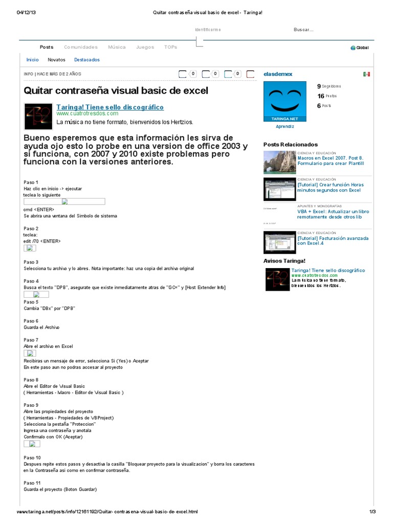 Quitar Contraseña Visual Basic de Excel - Taringa! | PDF | Microsoft Excel | Macro (informática)