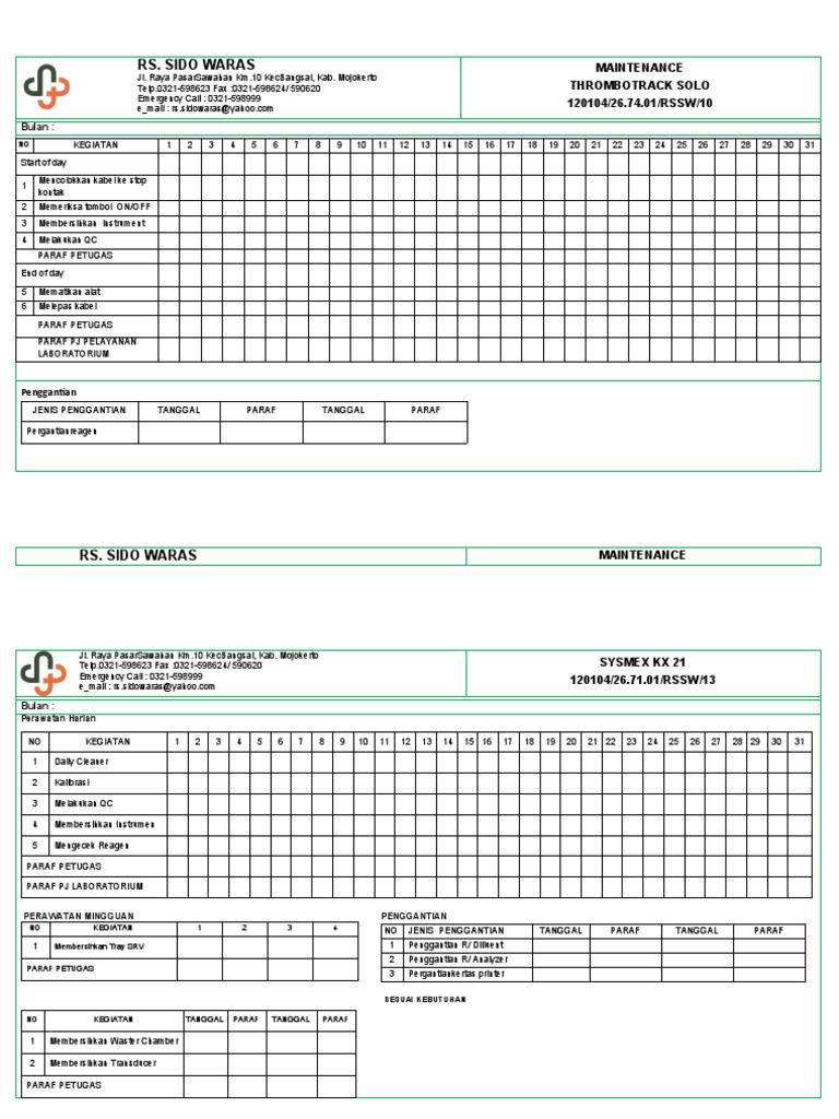 Form Pemeliharaan Alat Harian | PDF