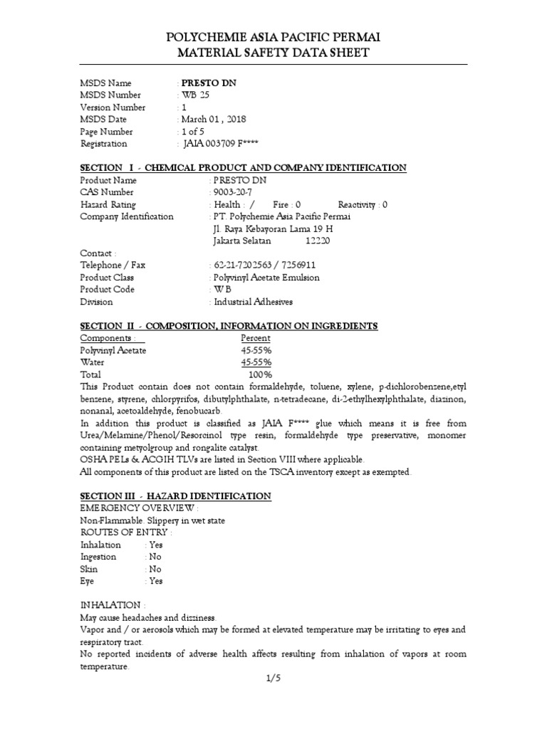 Msds Lem Kayu Presto | PDF | Firefighting | Water