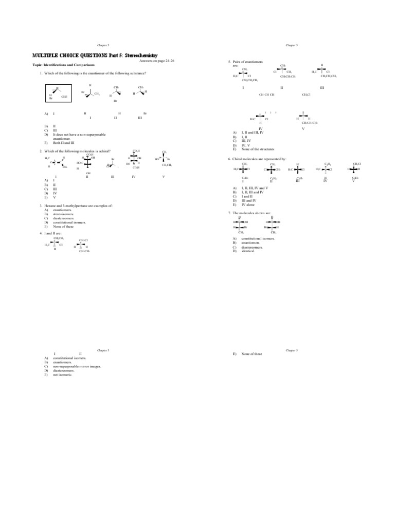 MULTIPLE CHOICE QUESTIONS Part 5: Stereochemistry: Topic ...