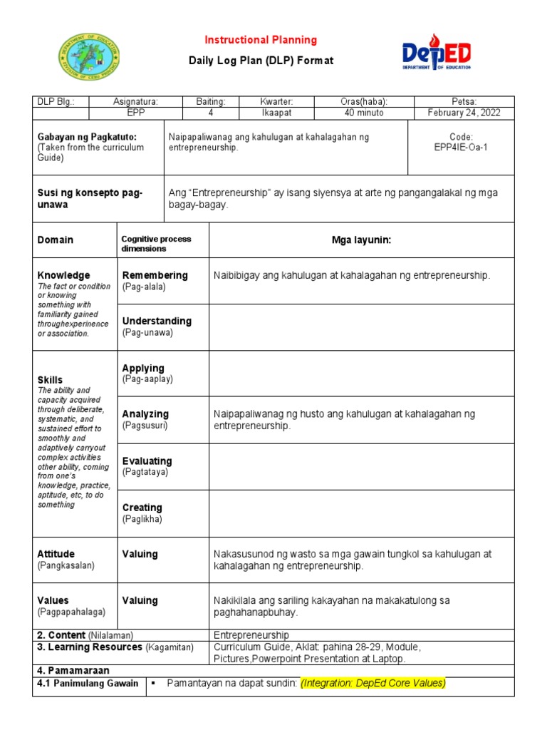 Daily Log Plan EPP For Week 1 | PDF